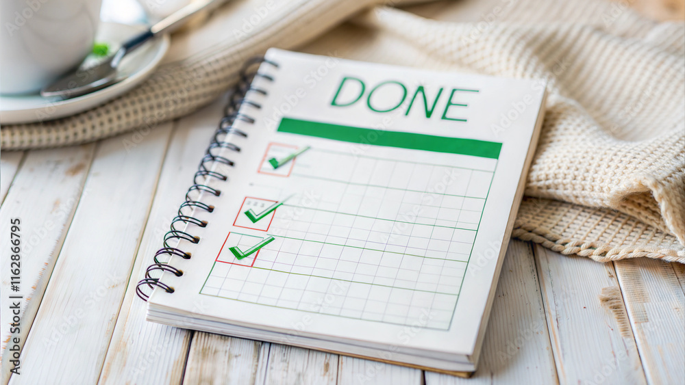 Spiral notebook with completed tasks and green checkmarks indicating ...