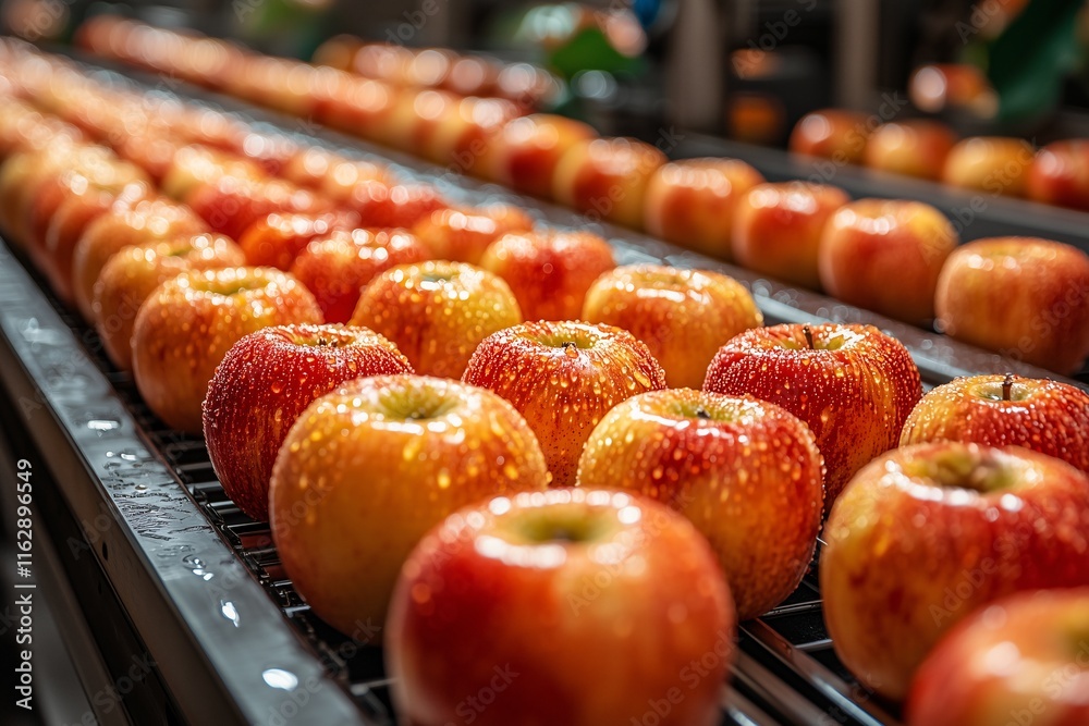 Clean and fresh gala apples on a conveyor belt in a fruit packaging ...