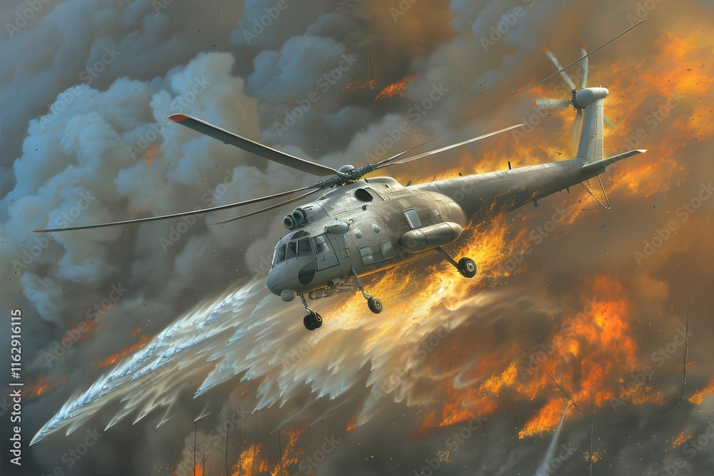 Helicopter drops water during active fire suppression operation in a ...