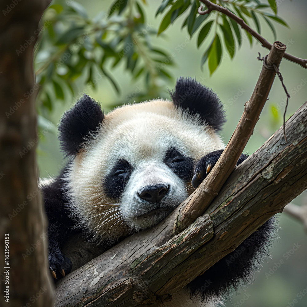 Lazy Panda Bear Sleeping on a Tree Branch, China Wildlife. Bifengxia ...