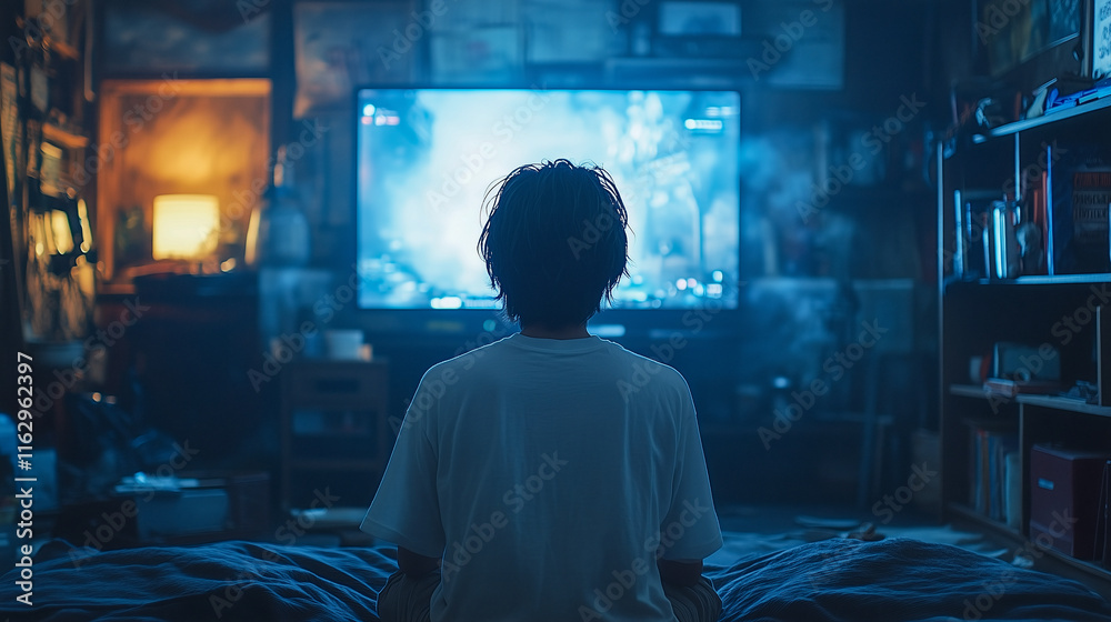 gamer focused on playing video games with a glowing screen in a dark ...