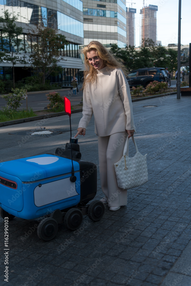 Side view of beautiful caucasian woman in white clothes standing by ...