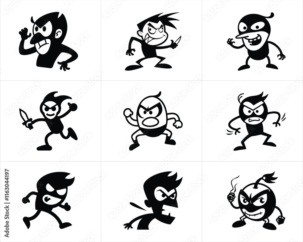 Cartoon styled angry and villainous character illustrations in bold ...