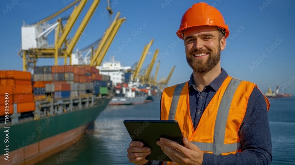Smiling male logistics manager standing at docks, wearing safety vest ...