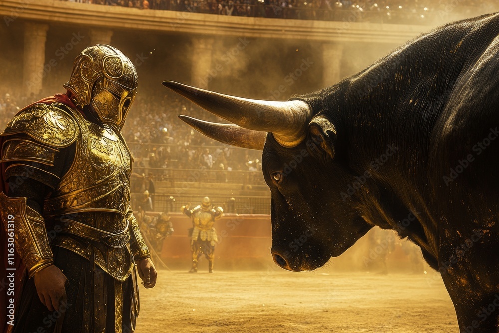 Dramatic confrontation in the bullfighting arena a gladiator faces a ...