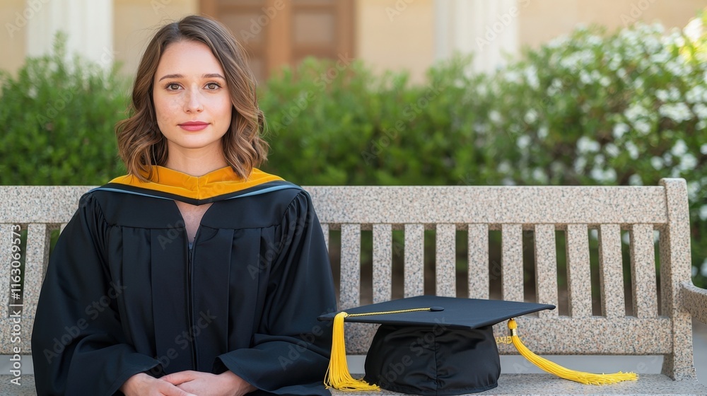 Graduation cap and hat moment, A graduate in a cap and gown sits ...