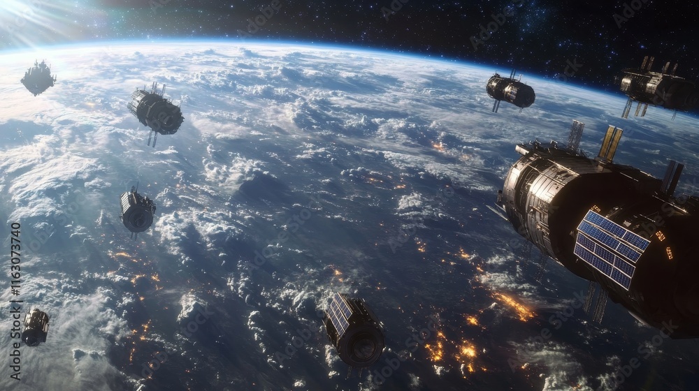 Stunning earth from space diverse satellites orbiting with sunlit ...