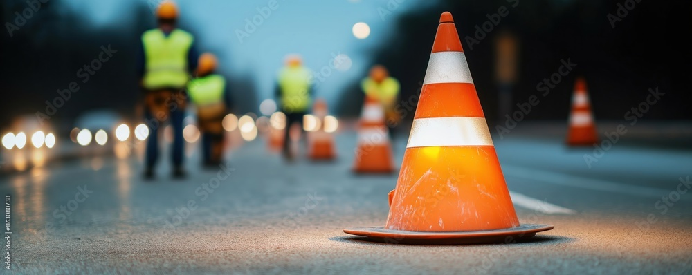 Road construction workers assemble traffic cones. Safety cones mark ...