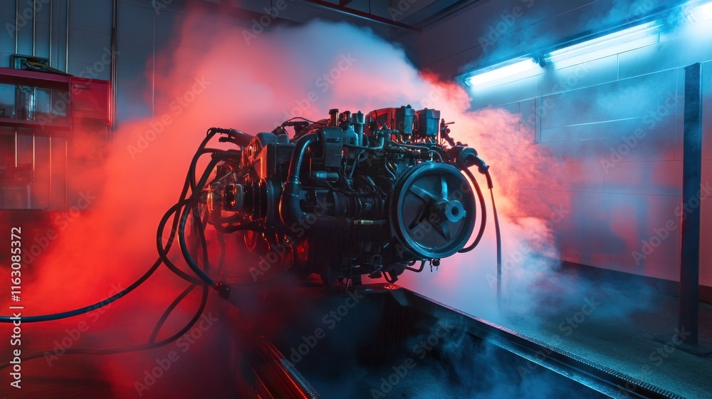 Stock car engine on a dynamometer test, cables and sensors attached ...