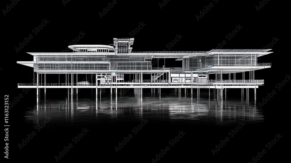 Architectural model of a modern building on stilts over water, cutaway ...