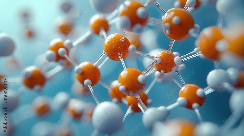 Closeup view of molecular structure. Vivid orange, white spheres ...