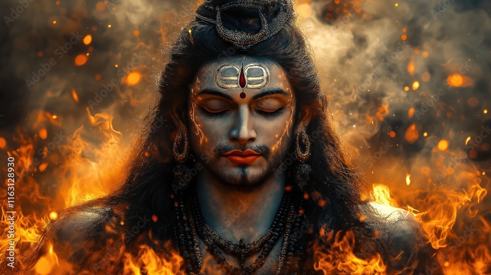 Hindu deity Lord Shiva meditates in magical flames, lights. Spiritual ...