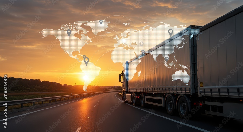 Global transport network: logistics and trucking at sunset with world ...