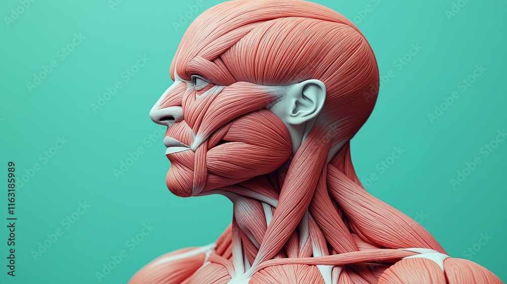 Detailed 3D rendering of human upper torso. Muscles shown in vivid ...