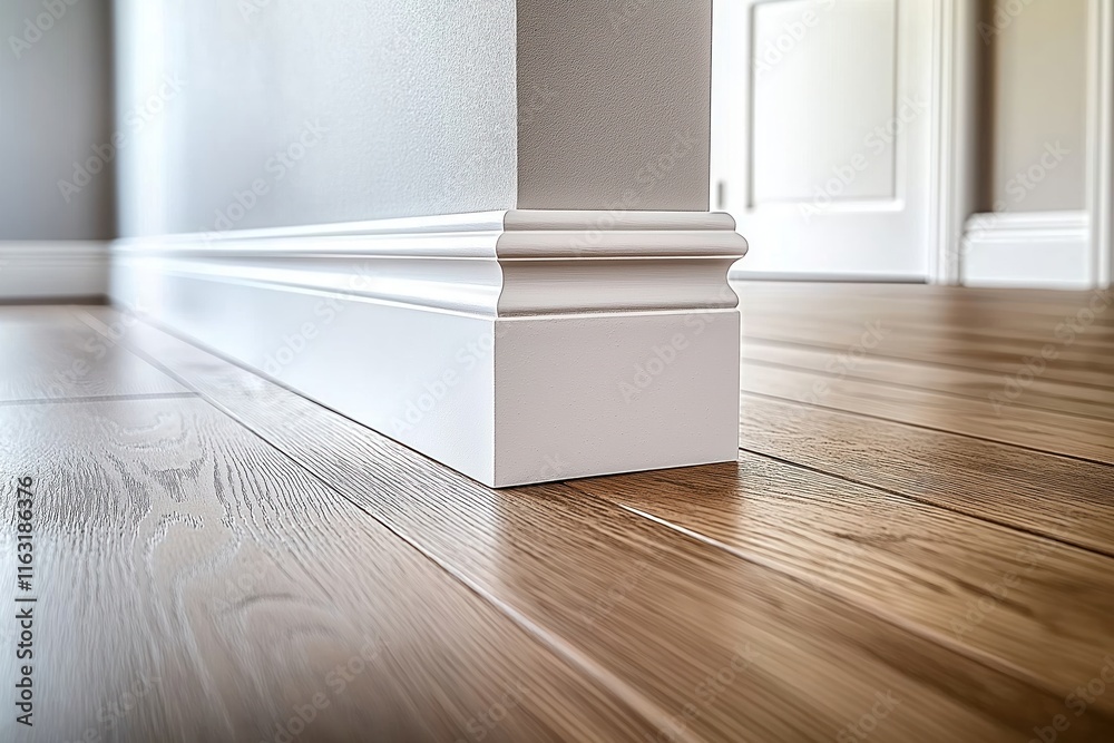 Foto de Stock Close-up view of white baseboard trim meeting light brown ...