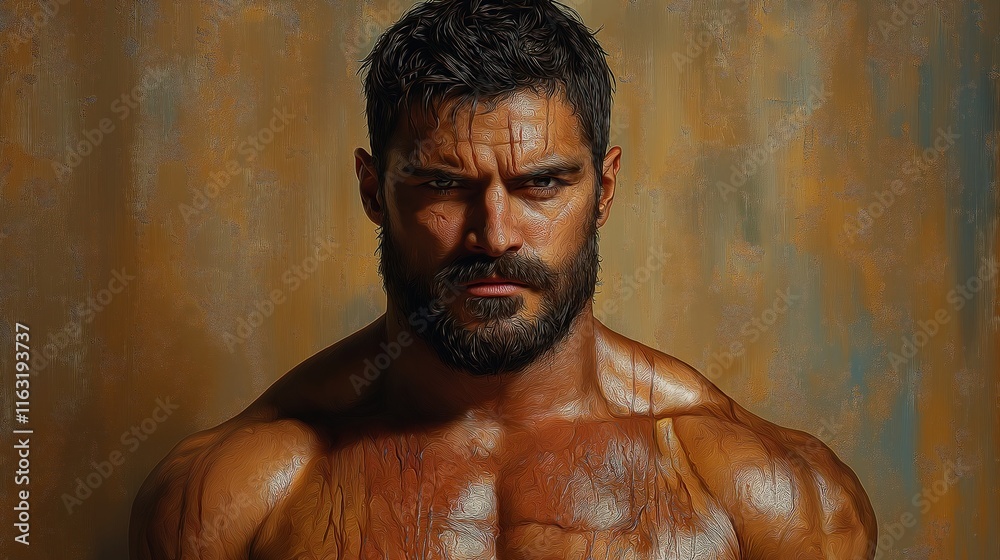 Powerful muscular man portrait. Wet body intense look. Detailed ...