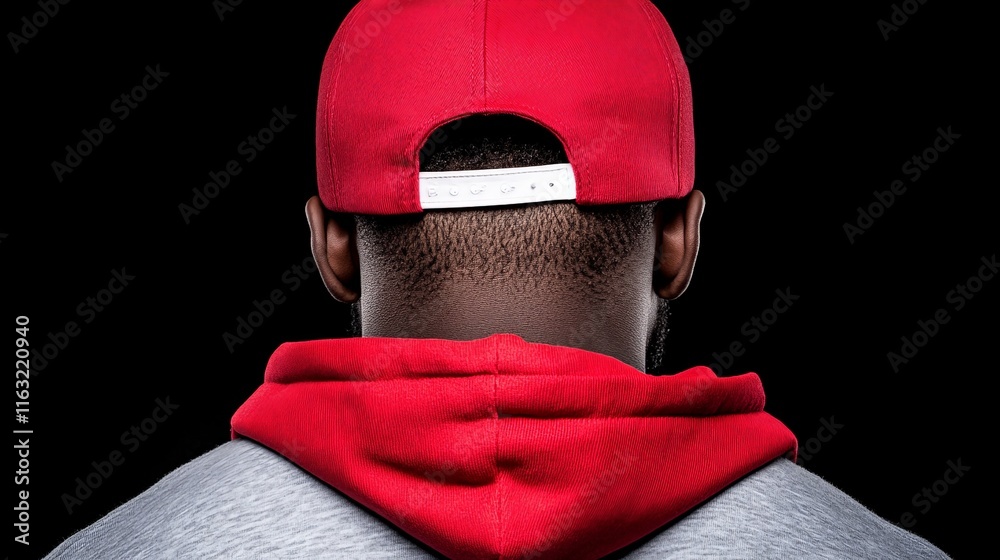 Red Cap Back View: A man from behind wearing a red baseball cap and a ...