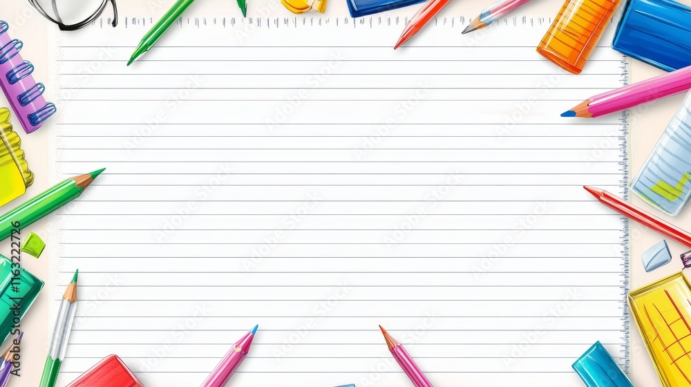 Colorful school supplies with double border on lined paper background ...