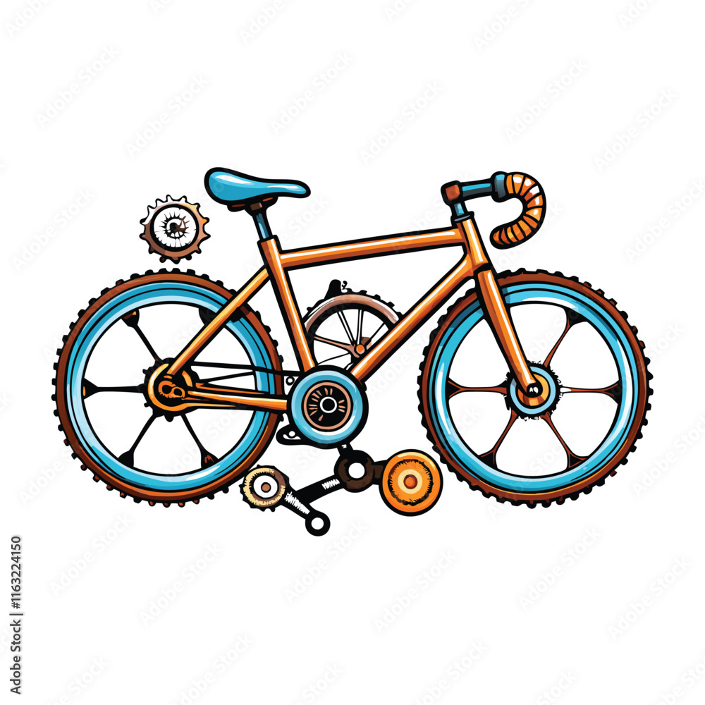 Create a meticulously detailed illustration of a bicycle assembly ...