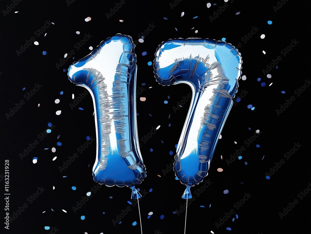 Shiny blue balloon number seventeen floats against black background ...