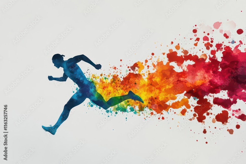Silhouette of a sprinter breaking free into a burst of watercolor fire ...