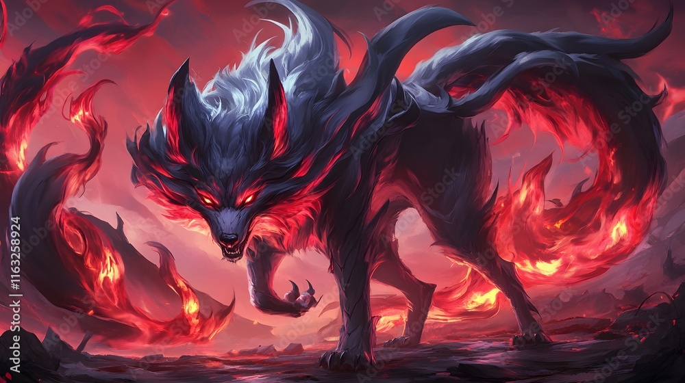 Majestic nine-tailed demon fox stands fearlessly in a fiery landscape ...