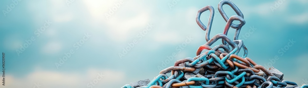 Monument of broken chains with career icons emerging from the rubble ...