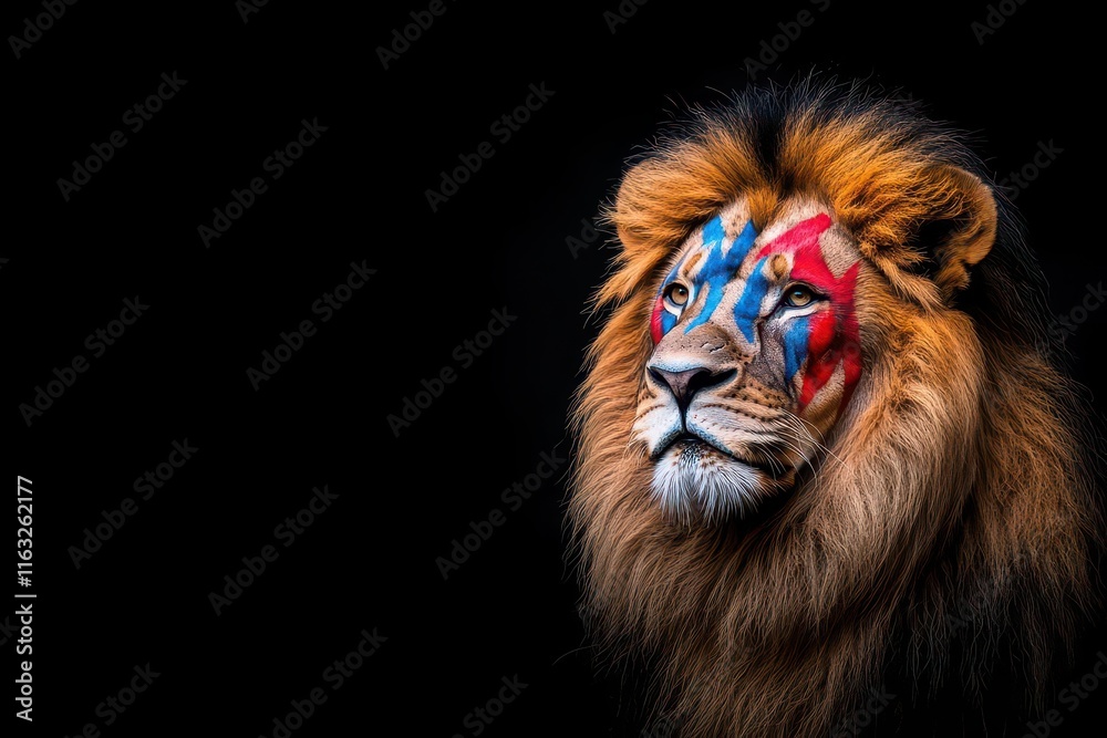 Fierce lion with tribal war paint markings, bold and dynamic tattoo ...