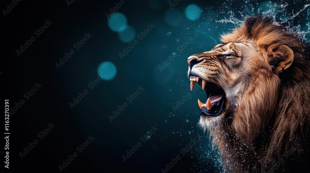 A lion roaring with water splashes, symbolic of strength and fluidity ...