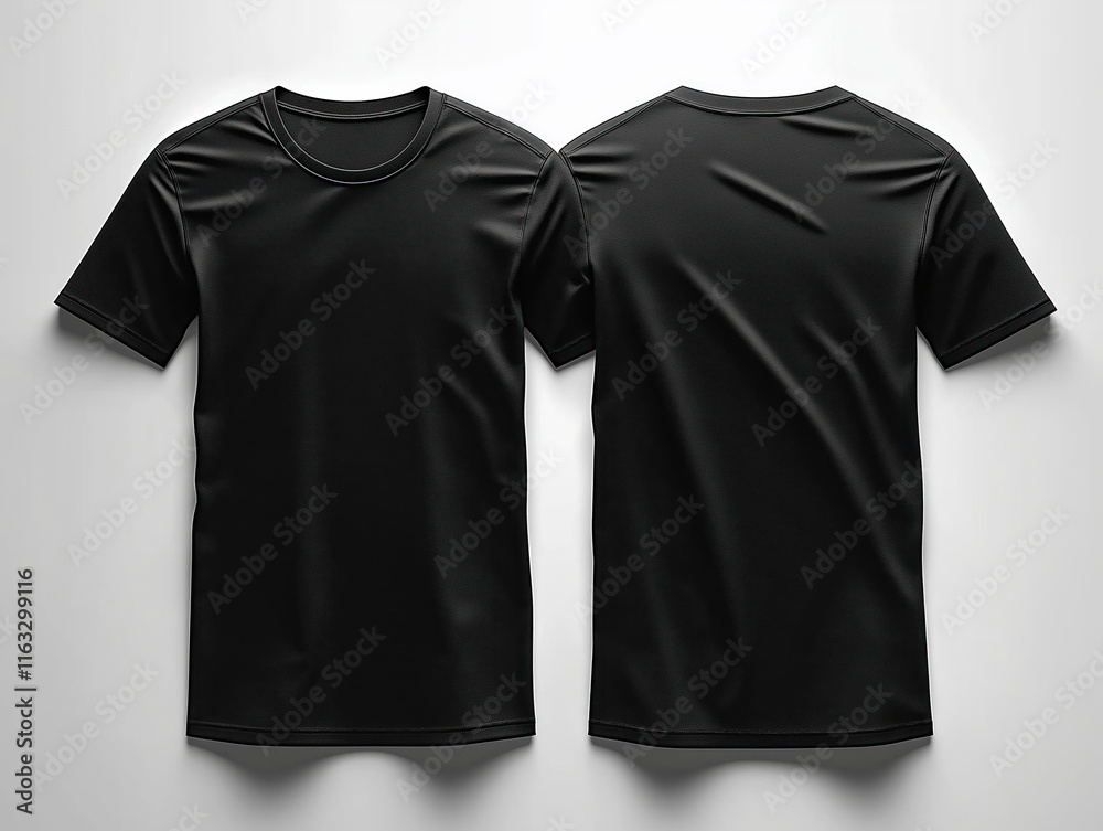 Blank black t-shirt mockup front, back views. Realistic folds, creases ...