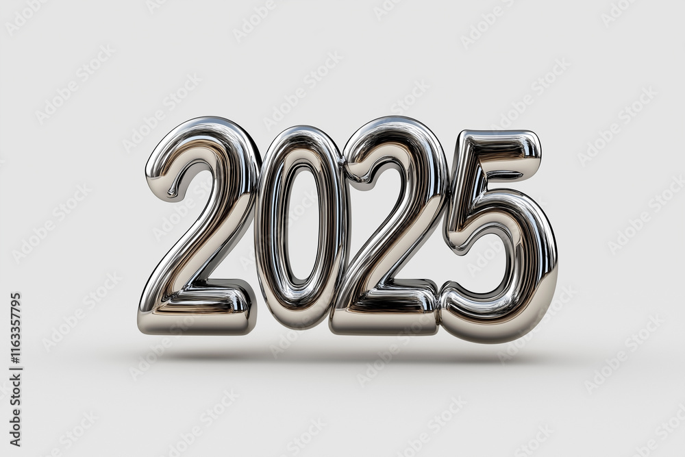Number 2025 in 3d rendering made of shiny metal, floating in the air on ...