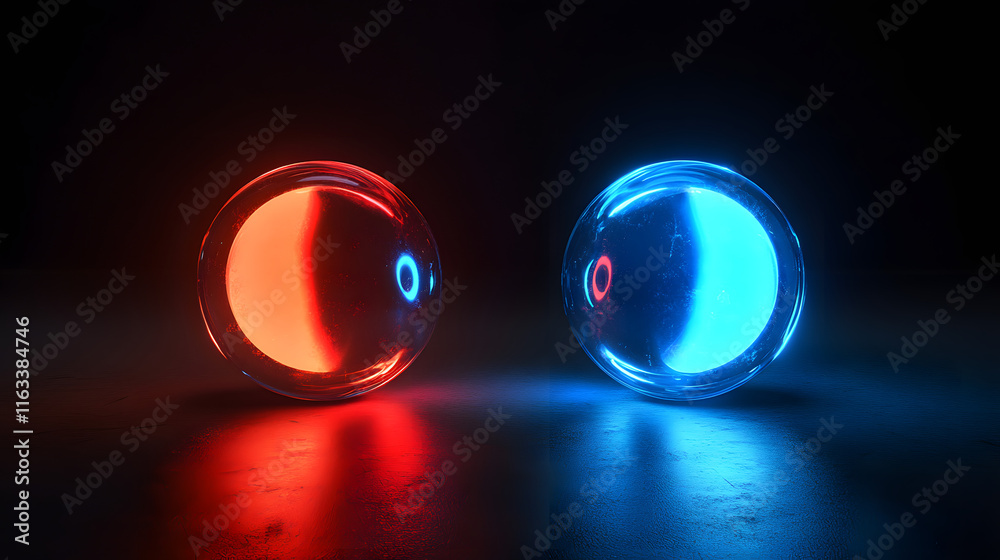 Two glowing orbs, one red and one blue, are shown in the image 4k wallpaper with copy space ...