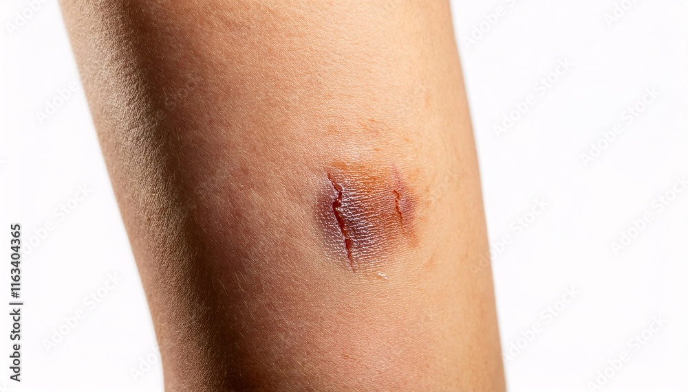 macro image of a scar on the thigh caused by a skateboarding accident ...