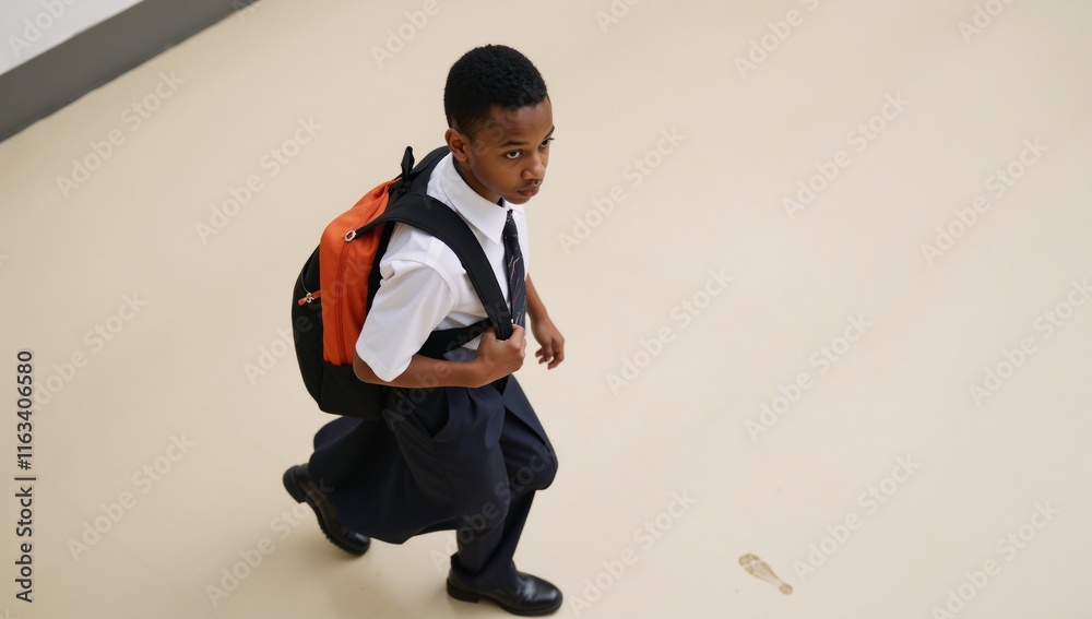 African-American teen boy walks off wearing classy school uniform ...