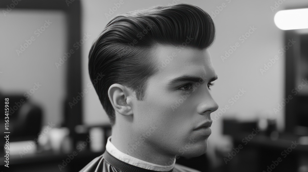 Classic men's hairstyle, pompadour, slicked back, black and white ...