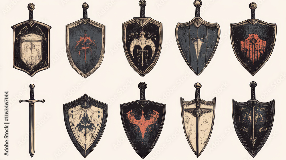 Knight warrior heraldic shields and t-shirt prints, vector fight club ...