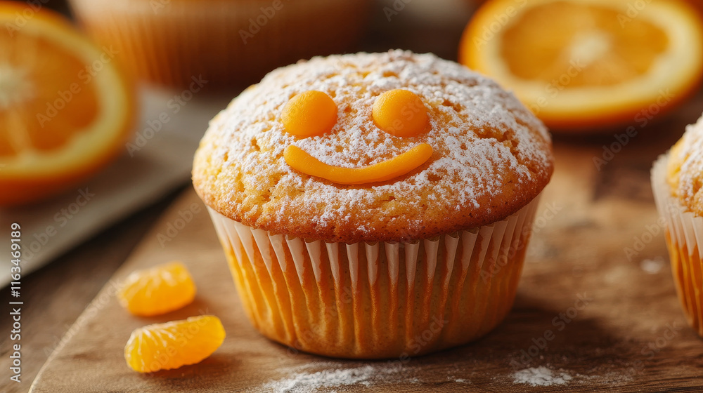 Appetizing breakfast orange muffin cartoon character with smiling face ...