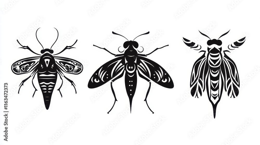 Insect tattoos in tribal style isolated on white background. Vector ...
