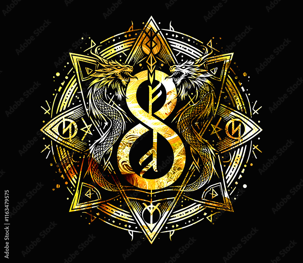 Hand-Drawn Mythical Dragon Artwork with runes Symbolism Stock ...