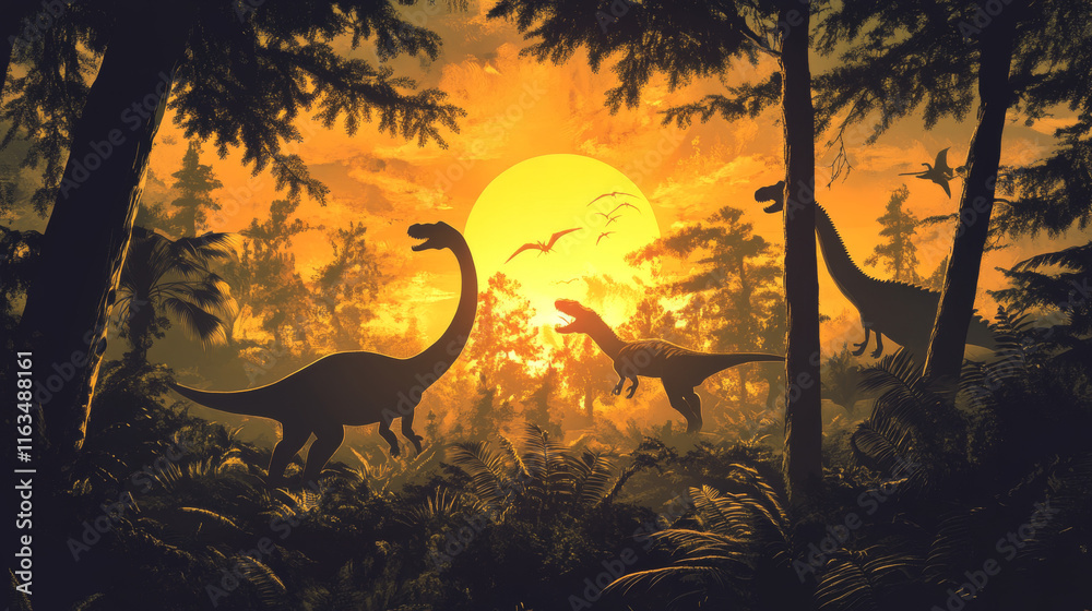 Prehistoric dinosaurs, landscape banners of jurassic forest nature and ...