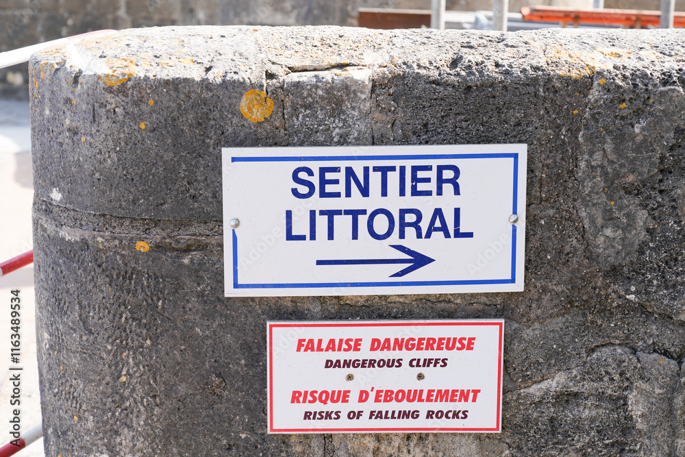 sentier littoral means coastal path in text french sign with arrow ...