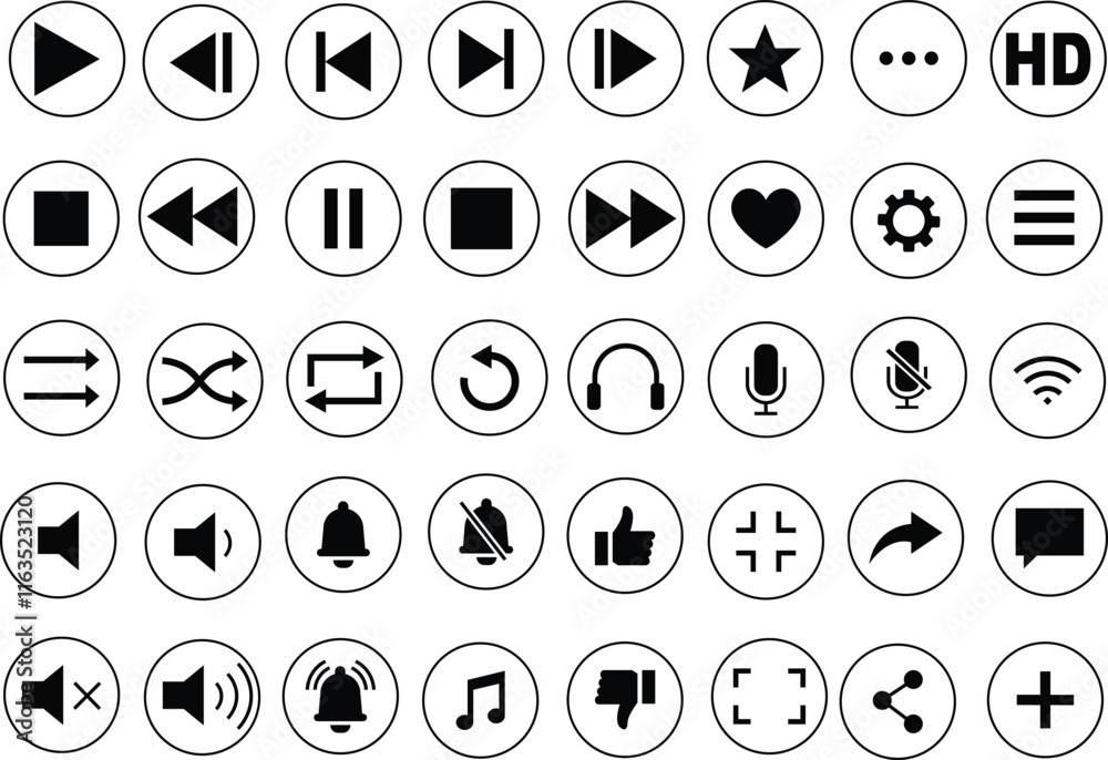 Media player icon set. Multimedia music audio control Media player ...
