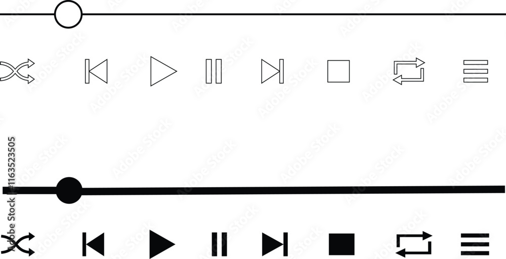Media player icon set. Multimedia music audio control Media player interface symbol Play pause ...