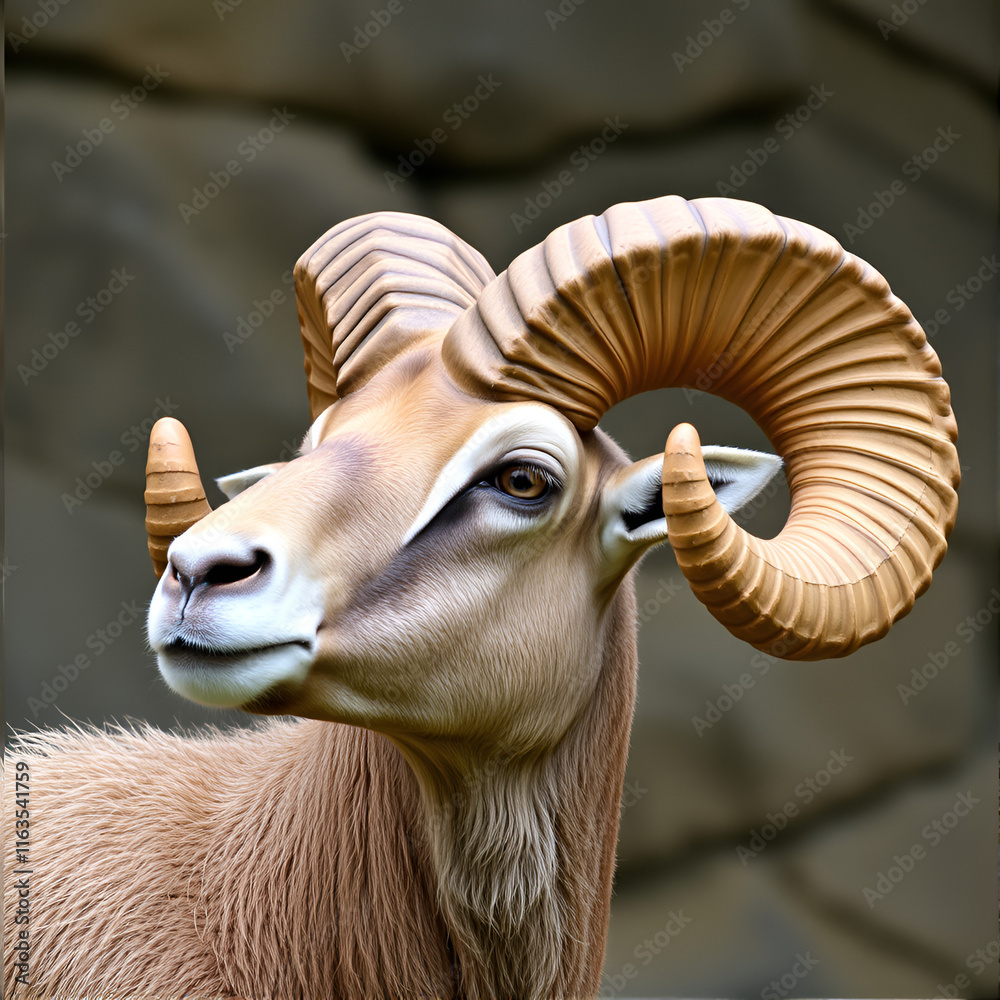 Altai argali or Ovis ammon ammon is behind fence. Head of largest sheep ...