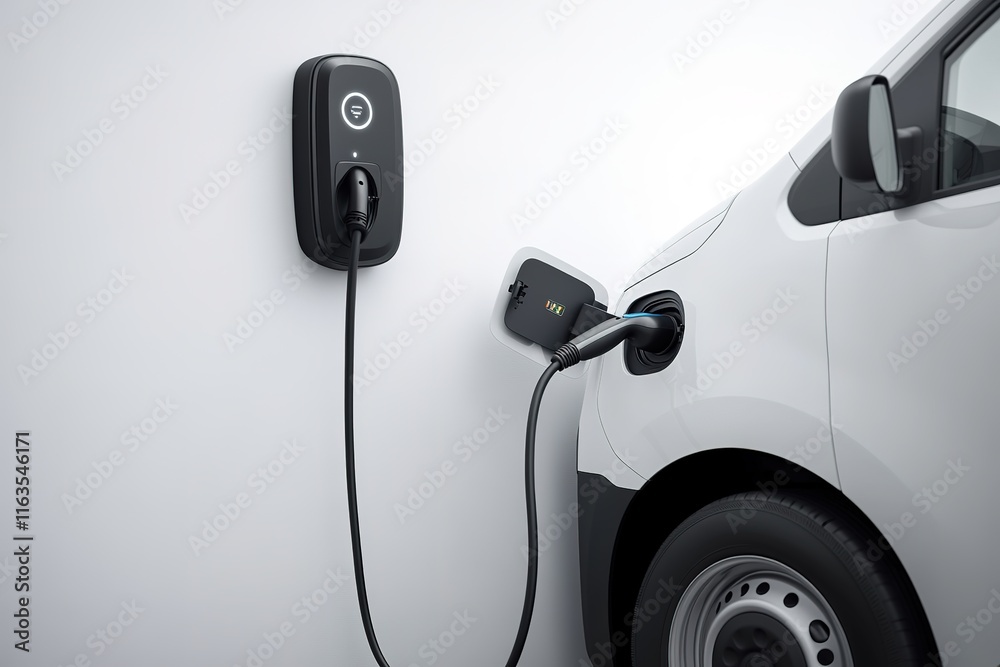 polished studio image of electric van charging at wall-mounted charging ...
