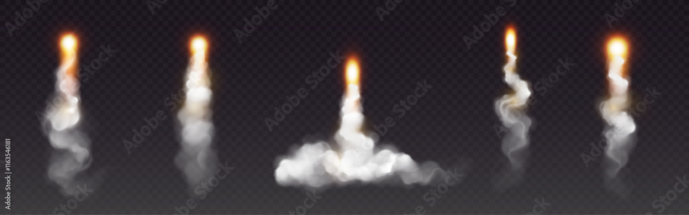 Rocket launch smoke effects with bright flame trails - dynamic white ...