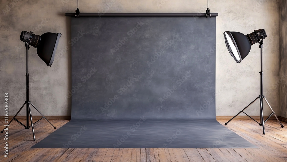 A gray photo studio with a large empty gray backdrop, wooden floor ...