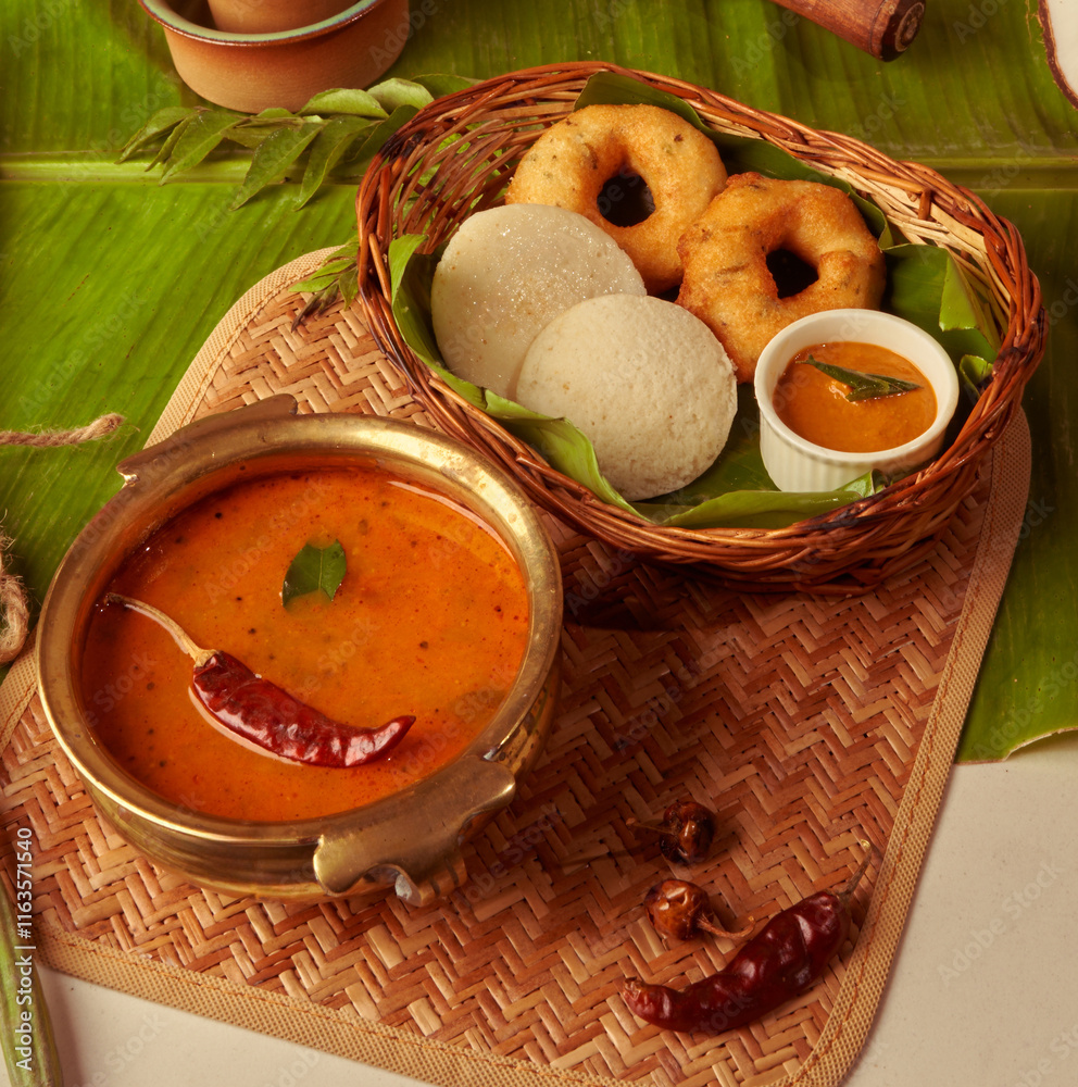 vada and idli combo with sambhar for south indian food menu Stock Photo ...