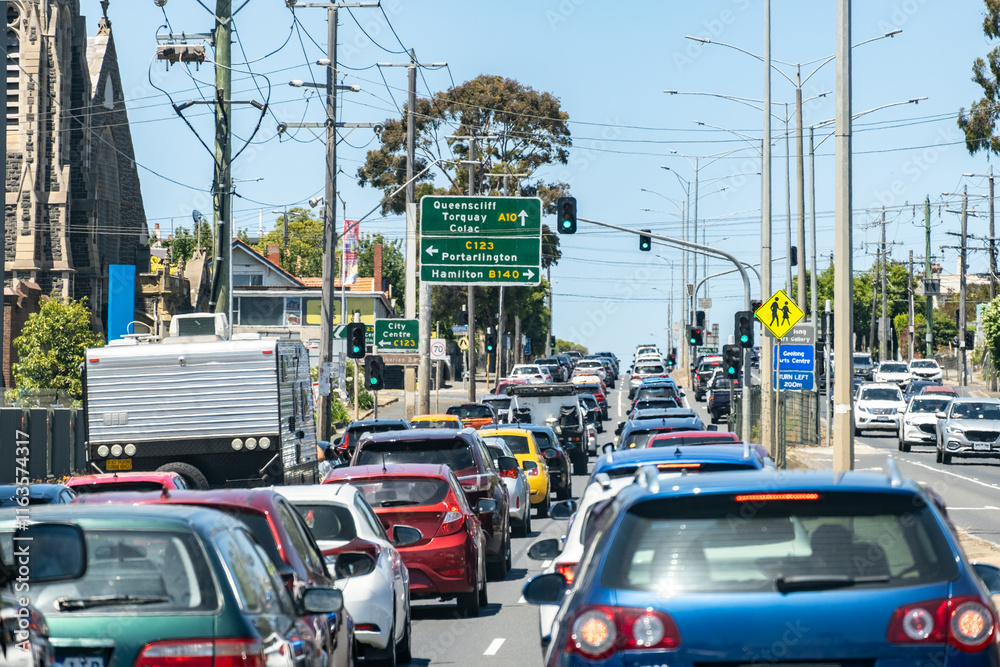 Heavy traffic congestion in Geelong Australia, with multiple lanes of ...