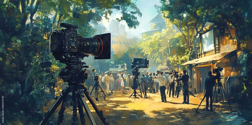Film Production Scene: Cameras Roll in a Sunny Village Street Stock ...